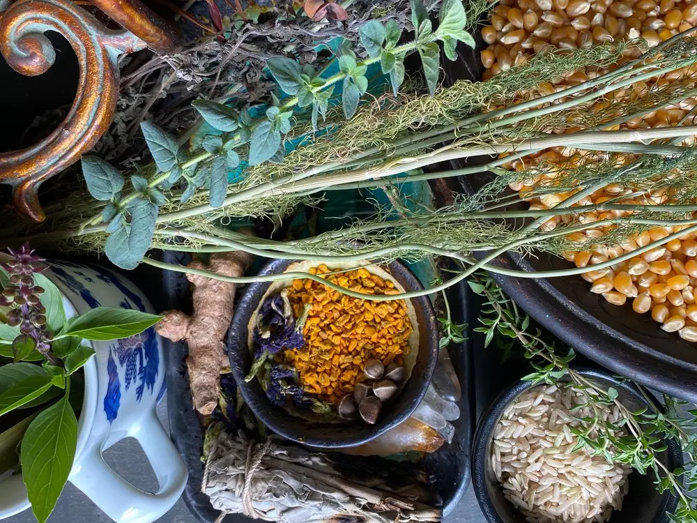 Una variedad colorida e ingeniosamente dispuesta de hierbas, especias, maíz y una taza blanca con diseños azules agrupados en una mesa, vista desde arriba