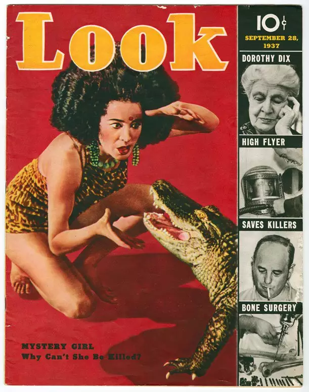 Samozwańczy fakir Koringa konfrontuje się z krokodylem na okładce magazynu Look z 1937 roku.
